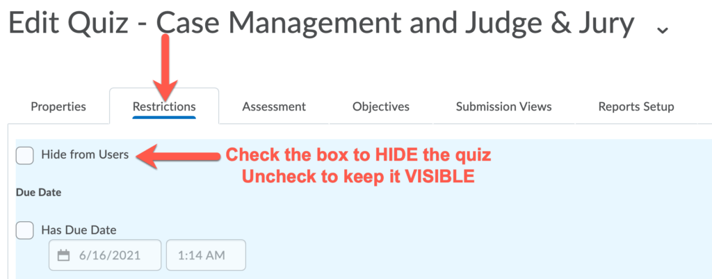 Adding Restrictions to a Quiz | Brightspace Support | Vanderbilt University