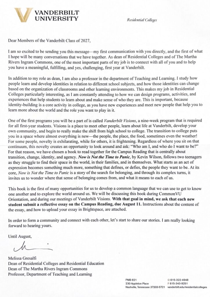 FY Letter | Residential Colleges | Vanderbilt University
