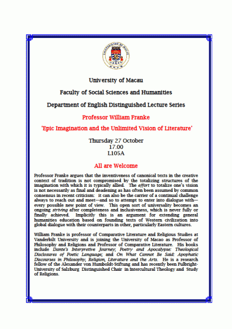 Macao Distinguished Lecture poster – William Franke